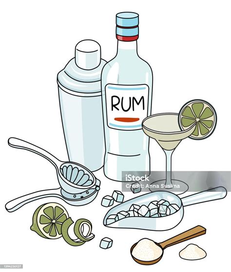 낙서 만화 Daiquiri 칵테일과 재료 구성 화이트 럼 한 병 신선한 라임 셰이커 및 얼음 특종 바 메뉴 스티커 또는 알코올 요리 책 조리법 감귤류 과일에 대한 스톡 벡터