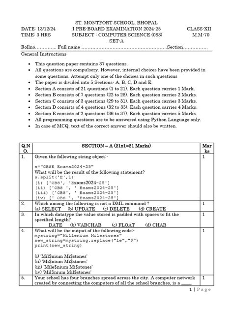 Class 12 Cs I Preboard 2024 25 Set A Pdf Multiple Choice