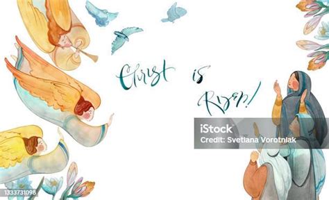 손으로 그린 수채화 기독교 그림 예수 그리스도는 상승 천사 꽃 여성 프레임 부활절 교회 출판물 인쇄 가톨릭 정교회 개신교 부활절