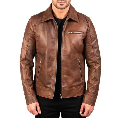 Mens Brown Shirt Collar Vintage Leather Jacket Idrees Leather