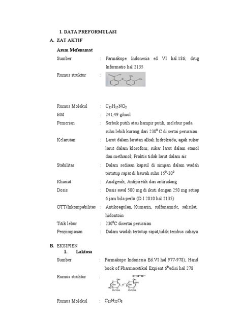 Bahan Dan Sifat Zat Aktif Serta Eksipien Untuk Sediaan Obat Mefenamat Pdf