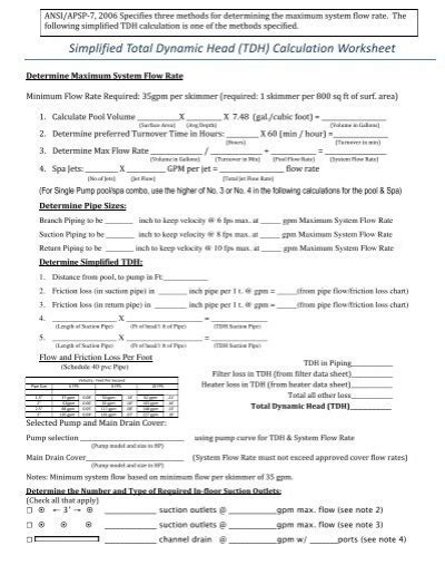 Simplified Total Dynamic Head TDH Calculation Worksheet