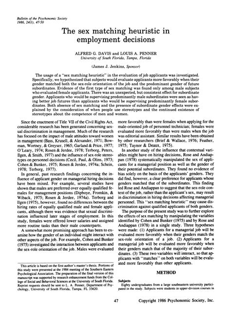 Pdf The Sex Matching Heuristic In Employment Decisions