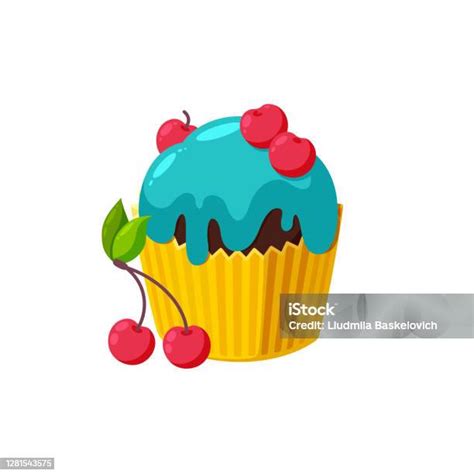 체리와 블루 아이싱컵케이크 반짝이는 프로스팅을 곁들인 맛있는 디저트 귀여운 만화 스타일의 벡터 일러스트레이션 건강에 좋지 않은 음식에 대한 스톡 벡터 아트 및 기타 이미지