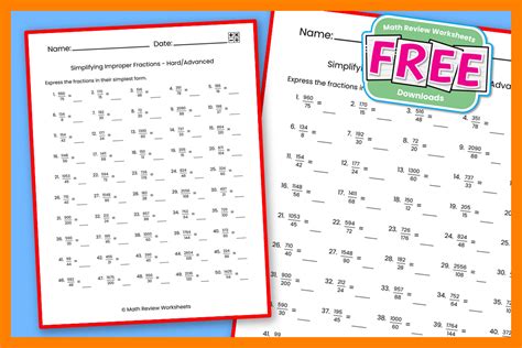 Simplifying Improper Fractions Hard Math Review Worksheets