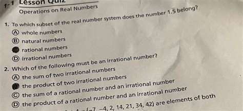 solved 1 lesson quiz operations on real numbers 1 to which subset of the real number system