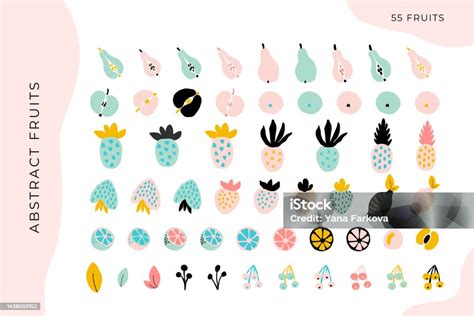 추상적 인 과일은 현대적인 스타일로 설정됩니다 벡터 일러스트 레이 션 딸기 체리 파인애플 사과 배 오렌지 트렌디 한 모양 이국적인 과일 식물 믹스 콜라주 아트 흰색 배경에