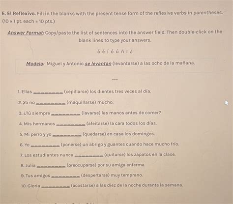 E El Reflexivo Fill In The Blanks With The Present Tense Form Of The Reflexive Verbs In