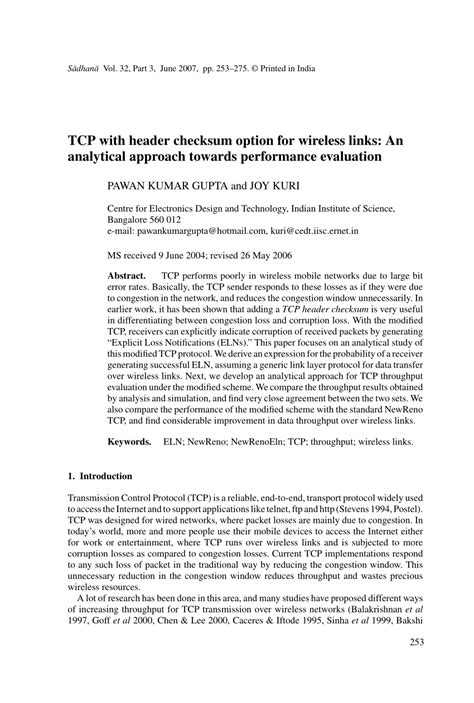 Pdf Tcp With Header Checksum Option For Wireless Links An Analytical