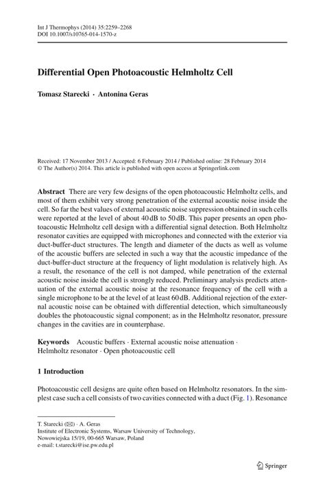 Pdf Differential Open Photoacoustic Helmholtz Cell