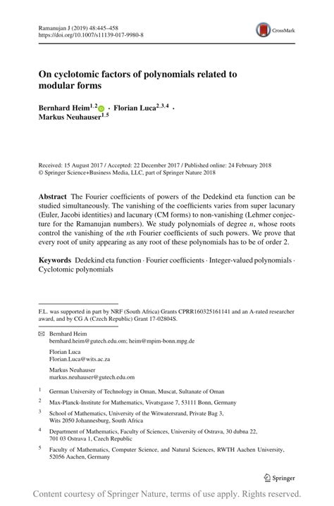 On Cyclotomic Factors Of Polynomials Related To Modular Forms Request Pdf