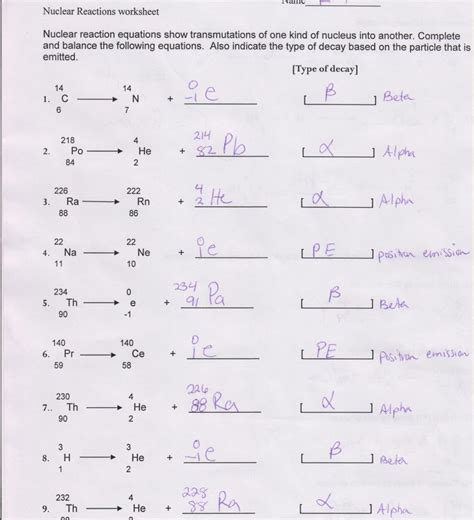 Nuclear Chemistry Worksheet Answer Key — Db