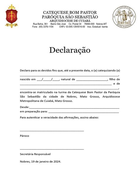 Declaração Catequese Bom Pastor Pdf
