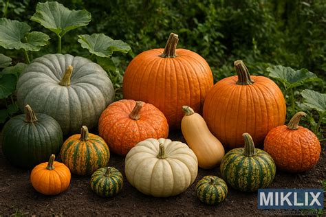 Image Diverse Pumpkin Varieties In Garden Display Miklix