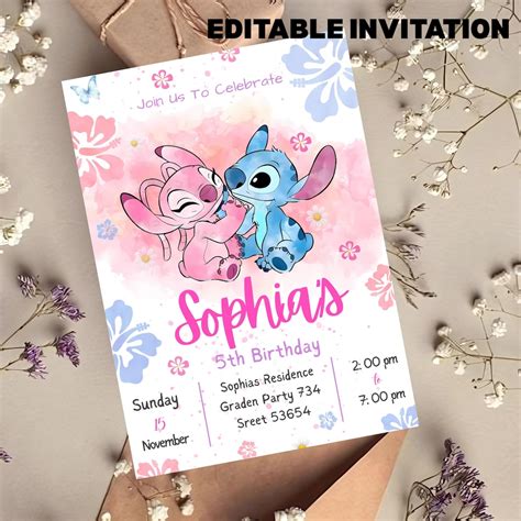 Stitch And Angel Birthday Invitation Editable Stitch Birthday