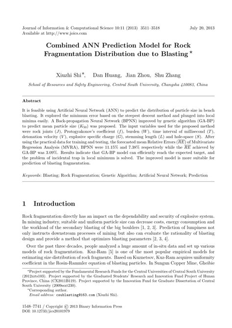 Pdf Combined Ann Prediction Model For Rock Fragmentation Distribution Due To Blasting