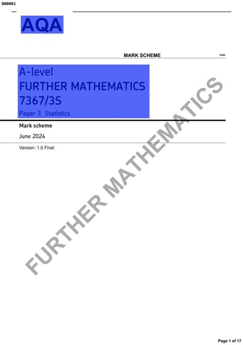 AQA S FURTHER MATHEMATICS FINAL MARK SCHEME PAPER S Statistics A LEVEL Jun V AQA
