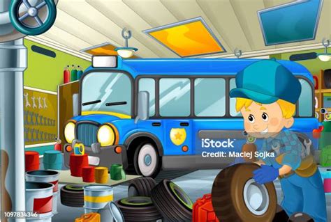 차고 기계 작업 일부 차량경찰 차수리 또는 직장 청소와 만화 장면 경찰관에 대한 스톡 벡터 아트 및 기타 이미지 경찰관 교통수단 금속 Istock