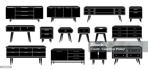 서랍장과 침실용 탁자 실루엣 아이콘 세트 텔레비젼 대 Commodes 서랍장 가정 디자인 인테리어를 위한 유행 저장 가구 평평한