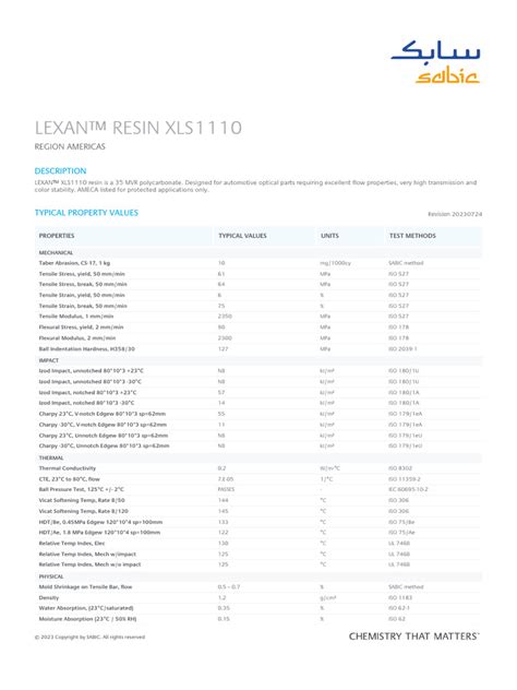 Lexan™ Resin Xls1110 Americas Technical Data Sheet Pdf