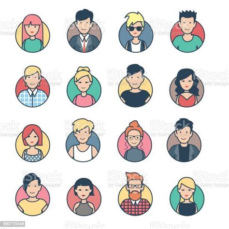 선형 평면 프로필 아바타 캐주얼 및 Hipster 세련 된 사람들 얼굴 벡터 일러스트 레이 션 설정 합니다 남자와 여자 캐릭터입니다 온라인 커뮤니케이션 소셜 네트워크