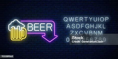 화살표와 알파벳 사각형 프레임에 네온 맥주 술집 간판 빛나는 바와 나이트 클럽의 광고 표시 표지판에 대한 스톡 벡터 아트 및 기타 이미지 Istock
