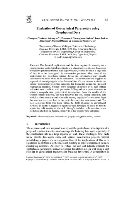 Pdf Evaluation Of Geotechnical Parameters Using Geophysical Data Emmanuel Joshua
