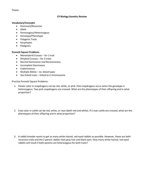 Cp Biology Genetics Review Worksheet