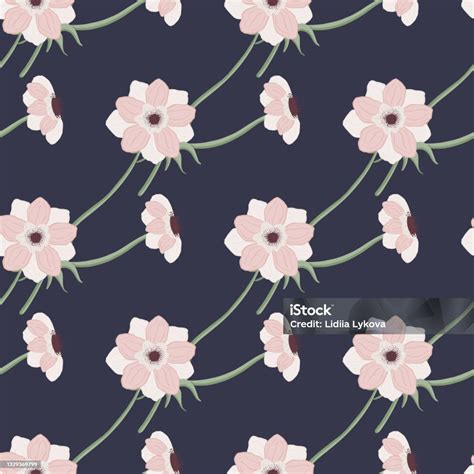 핑크 색 말미잘 꽃 원활한 낙서 패턴 다크 네이비 블루 배경 빈티지 작품 0명에 대한 스톡 벡터 아트 및 기타 이미지 0명 곤색 귀여운 Istock