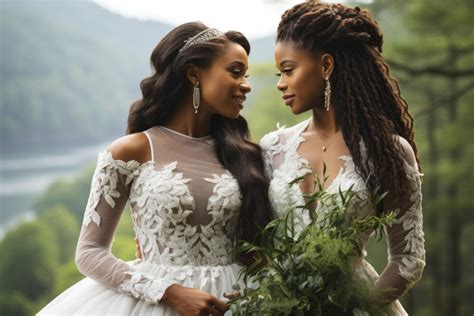 Premium Photo Two Multinational Lesbians In Wedding Dresses On The