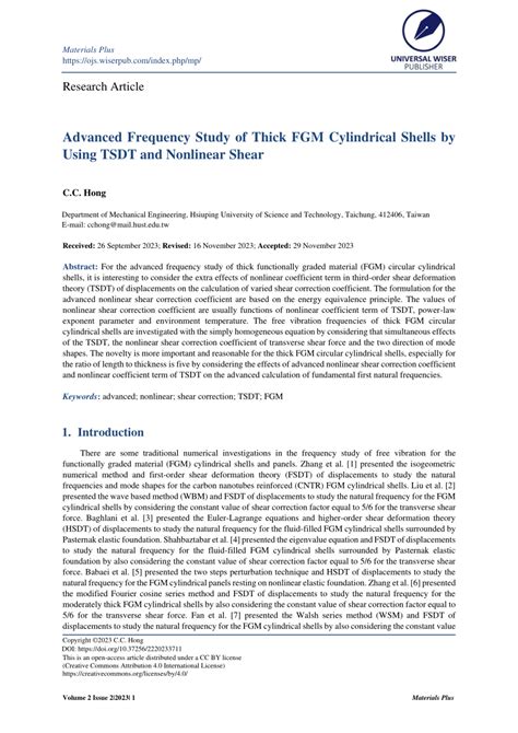 PDF Advanced Frequency Study Of Thick FGM Cylindrical Shells By Using TSDT And Nonlinear Shear