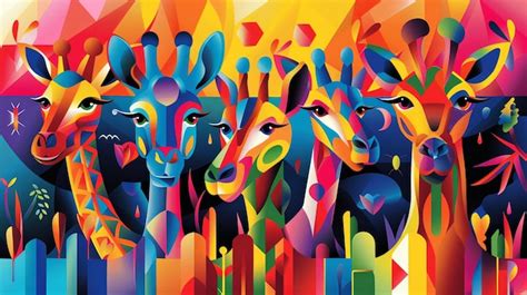 A Colorful Painting Of Giraffes With A Variety Of Colors And Patterns