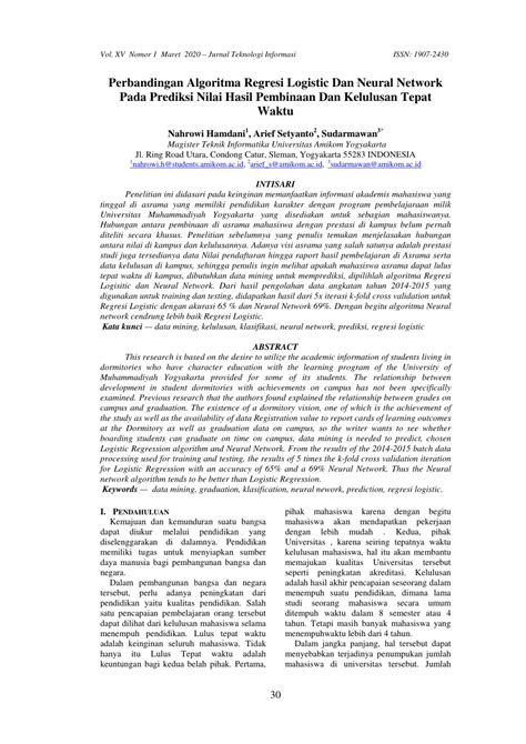 Pdf Perbandingan Algoritma Regresi Logistic Dan Neural Network Pada