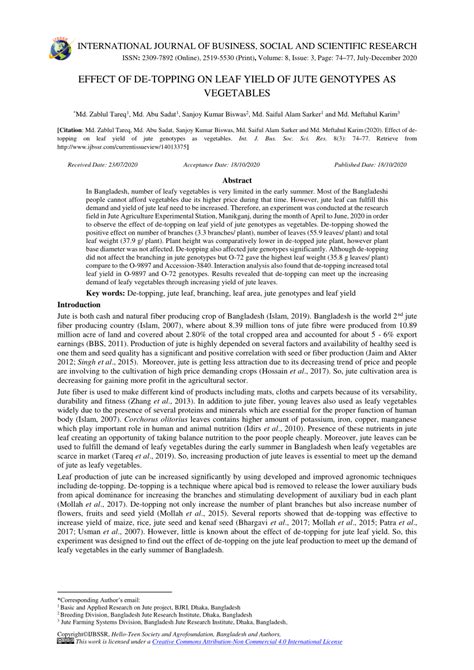 Pdf Effect Of De Topping On Leaf Yield Of Jute Genotypes As Vegetables