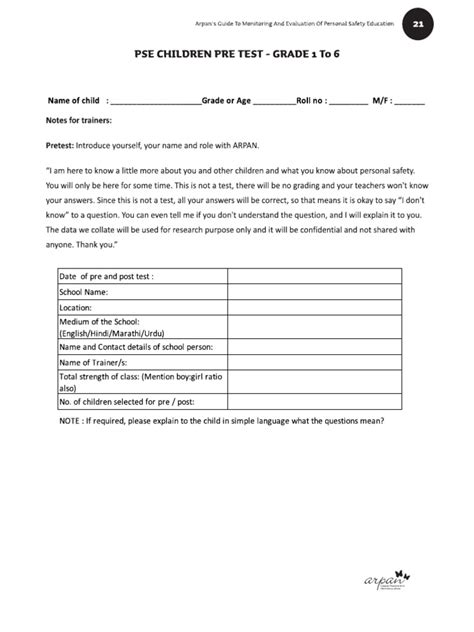 Pre And Post Test Arpan Pse Pdf