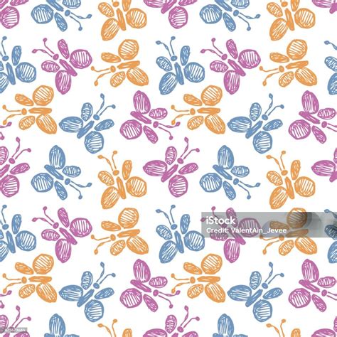 원활한 벡터 패턴 흰색 배경과 귀여운 나비와 배경 손 밑그림 그리기입니다 잉크 Pencilling 모방 곤충과 손으로 그린