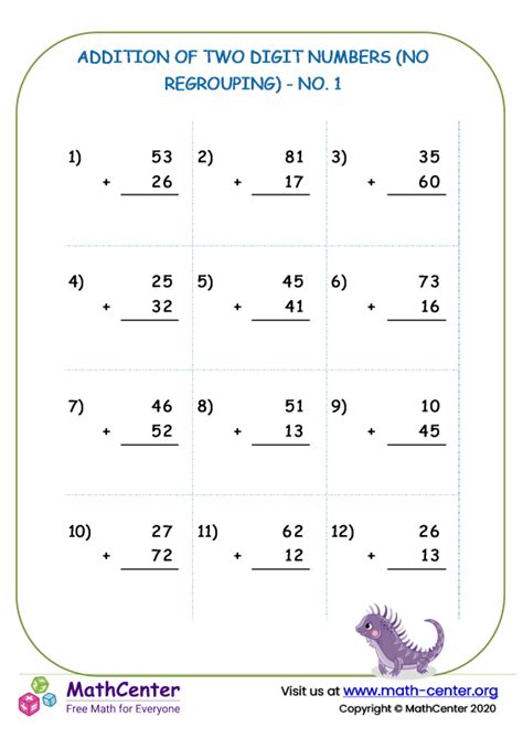 First Grade Worksheets Two Digit Addition Without Regrouping Math Center