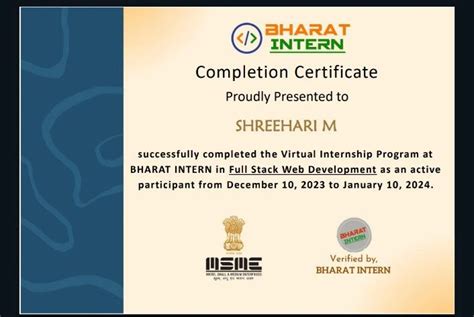 Shreehari M On Linkedin Bharatintern Fullstackwebdevelopment Internship