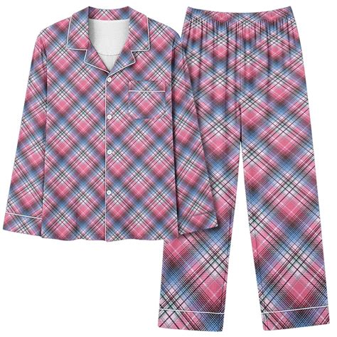 Diufon 2 Piece Sleepshirt Suits For Women Plaid Pajamas Set Wide Leg