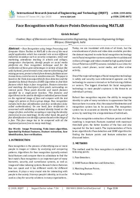 Pdf Irjet Face Recognition With Feature Points Detection Using Matlab