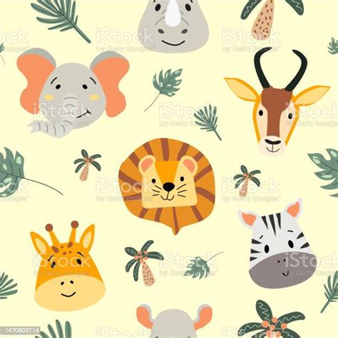 Seamless Pattern With Cute Wild Animal Faces African Charming Animals