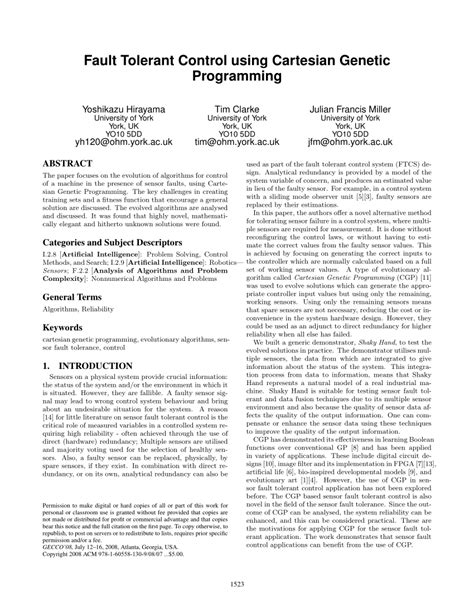 Pdf Fault Tolerant Control Using Cartesian Genetic Programming