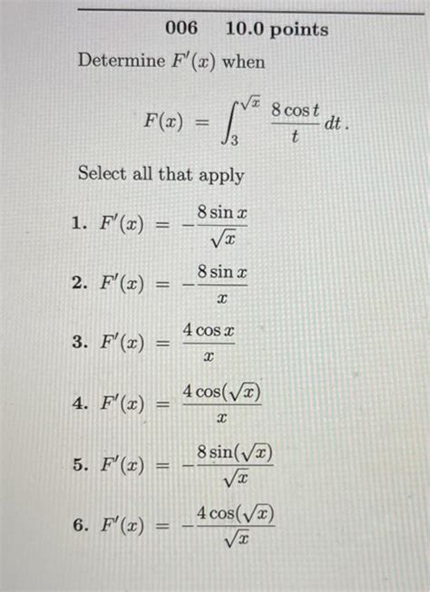 solved determine f′ x when f x ∫3xt8costdt select all that
