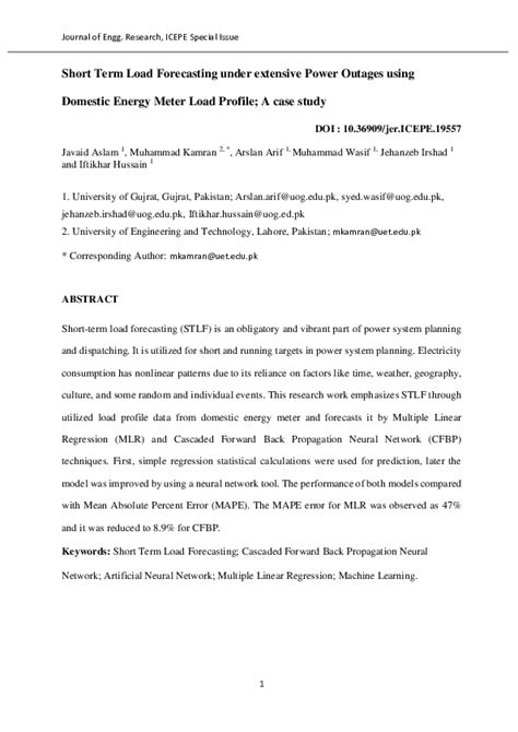 Pdf Short Term Load Forecasting Under Extensive Power Outages Using Domestic Energy Meter Load