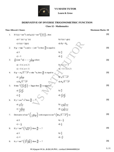 Derivative Of Inverse Trigonometric Function 1 Pdf Trigonometric
