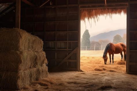 Premium AI Image | Hay bale beside horse in a rustic barn setting created with generative ai
