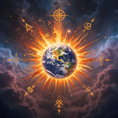 Fiery Celestial Embrace Earth Surrounded By Cosmic Symbols And Flaming
