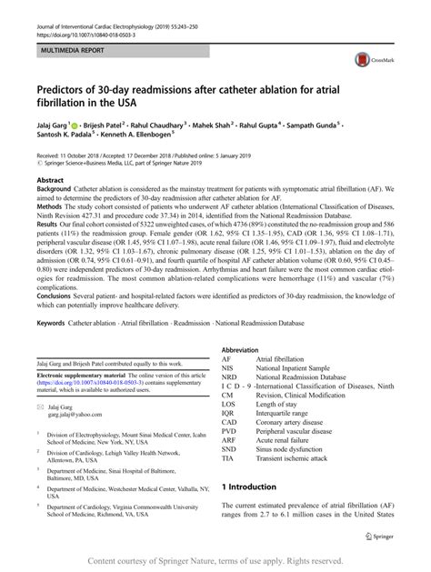 Predictors Of 30 Day Readmissions After Catheter Ablation For Atrial Fibrillation In The Usa