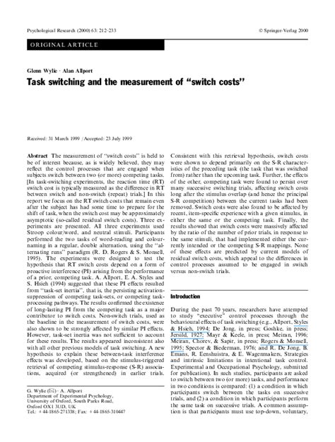 Pdf Task Switching And The Measurement Of Switch Costs”