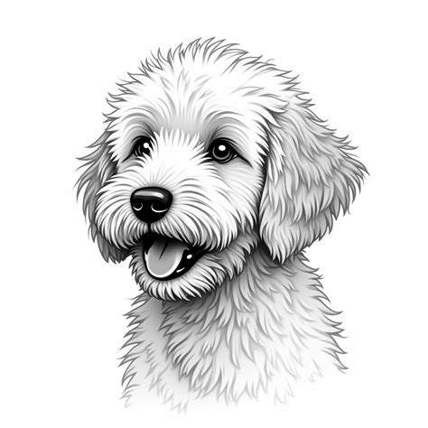 Golden Doodle Puppy In Wispy Black And White Illustration Stable